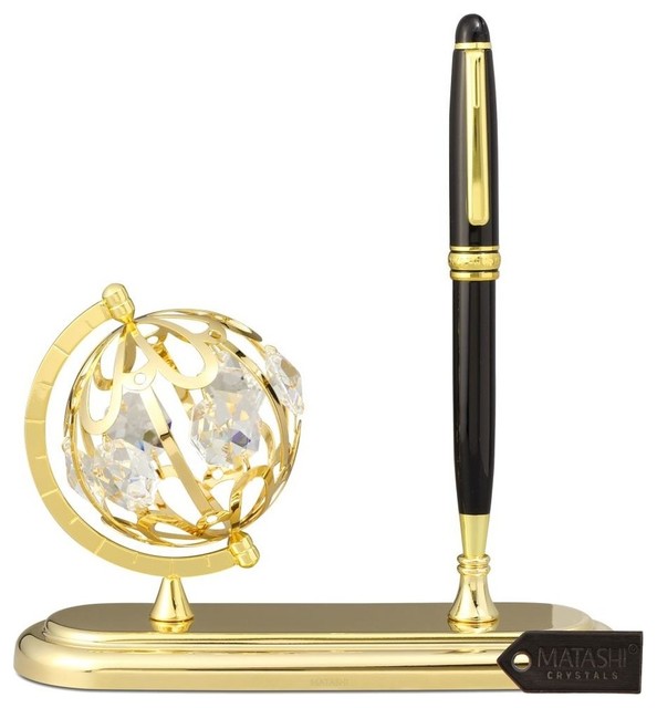 Highly Polished 24K Gold Plated Executive Desk Set With Pen and Globe ...