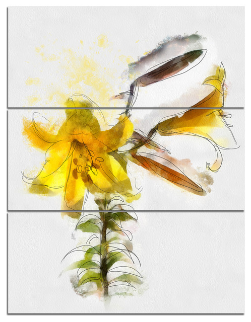 Yellow Tulip Stem with Leaves, Floral Triptych Canvas Art Print, 28x36, 3 Panels, 28"x36 ...