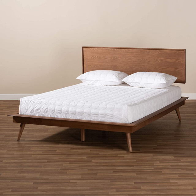 Elegant Queen Platform Bed with Angled Legs & Slatted Panel Headboard ...