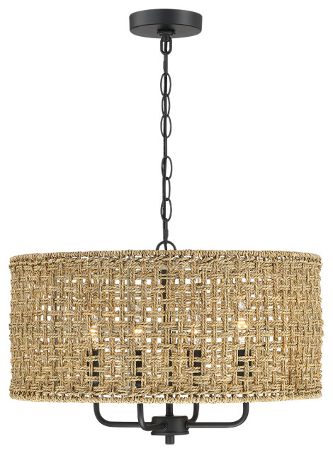 20" 4-Light Bohemian Coastal Drum Chandelier With Seegrass Hand Woven ...