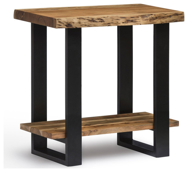 Industrial End Table, Metal Strap Legs With Natural Acacia Wood Top ...