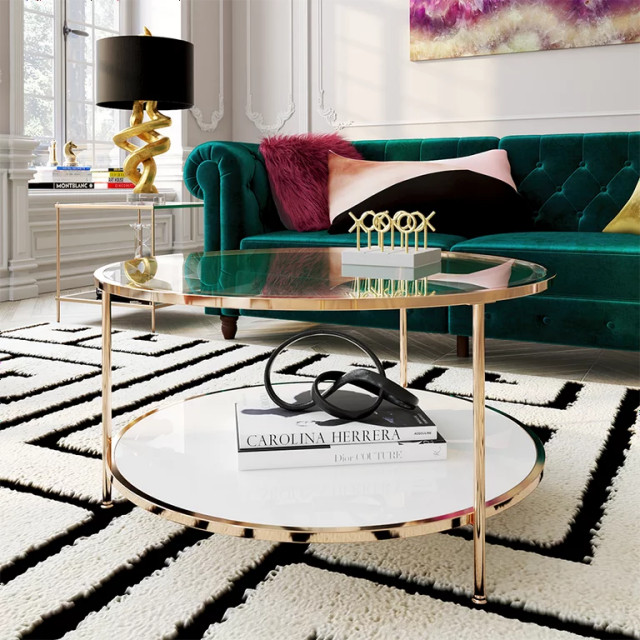 Glam Coffee Table, Gold Frame With Round Beveled Glass Top & Opaque ...