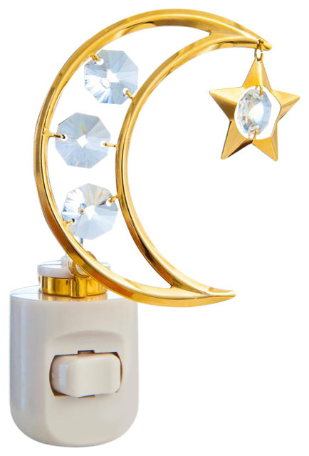 24K Gold Plated Crystal Studded Moon & Dangling Star Night Light ...