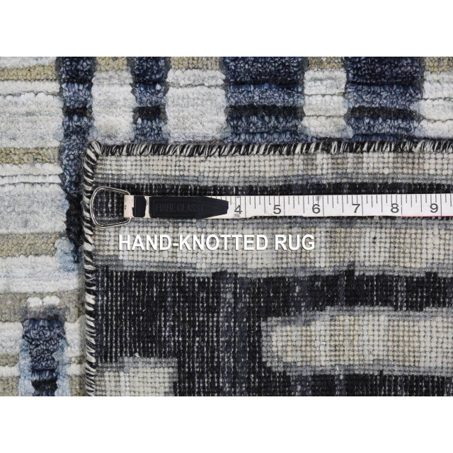 Zig Zag Design Black and White Pure Silk and Wool Oriental Rug, 8'0" x ...