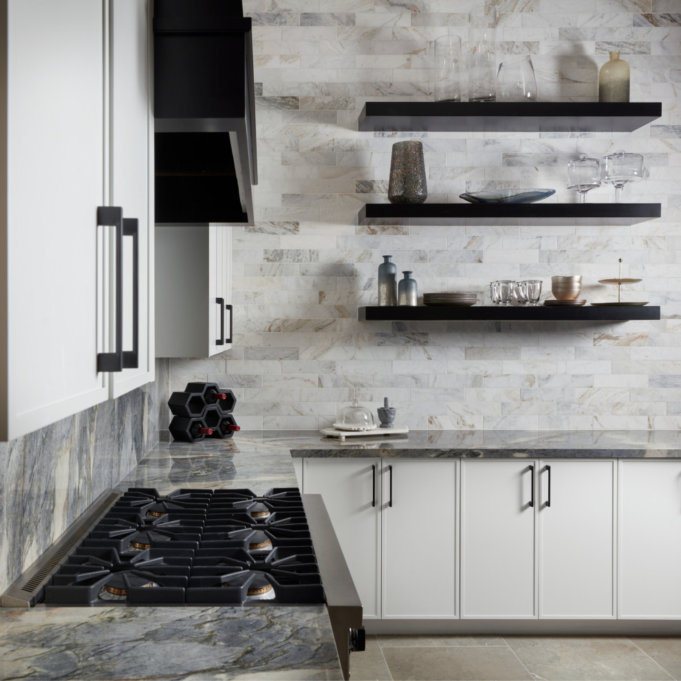 Calacatta Umber Honed Marble & Ijen Blue Polished Quartzite Kitchen ...