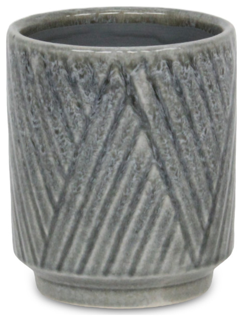 Gray Ceramic Pot with Crossed Diagonal Pattern - Transitional - Indoor ...