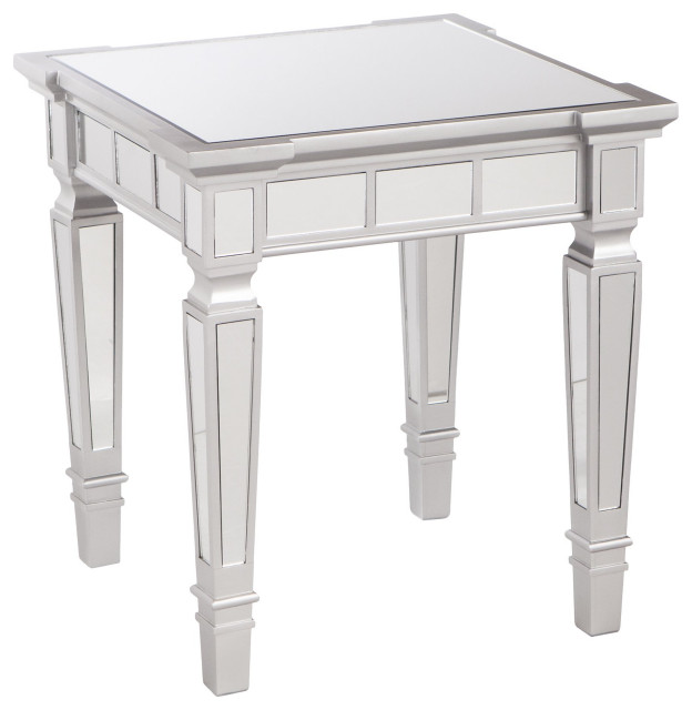Contemporary Glam End Table, Mirrored Design With Carving Accents ...