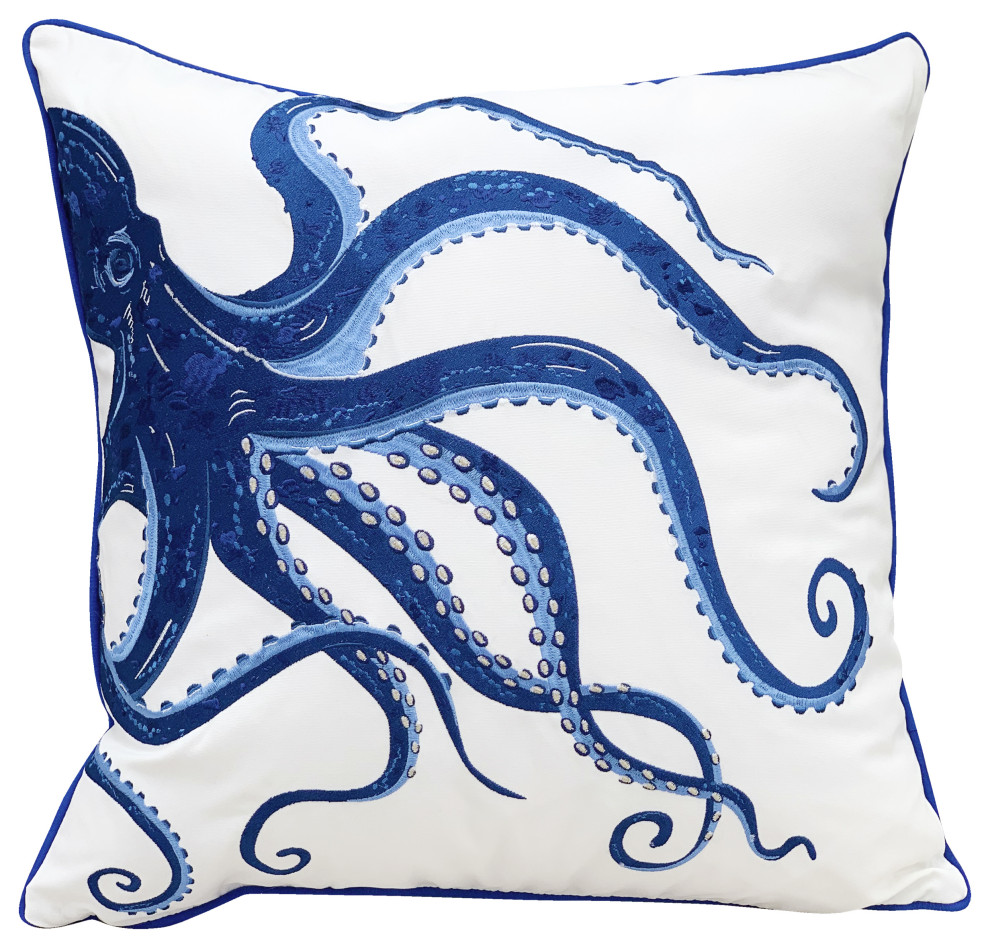 Blue Octopus Indoor/Outdoor Pillow - Beach Style - Outdoor Cushions And ...