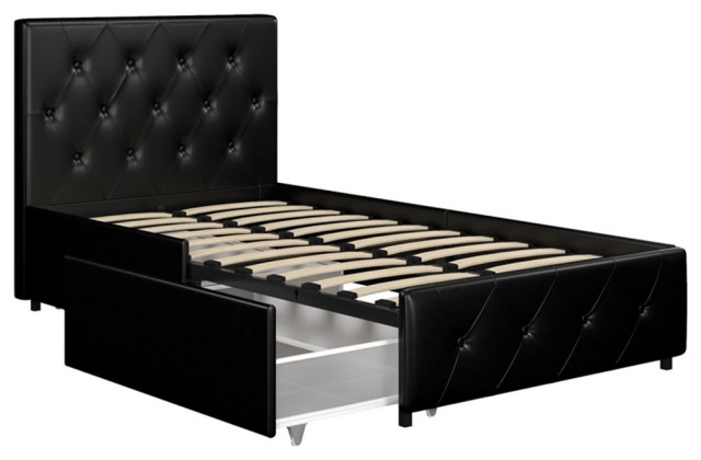 DHP Dakota Twin Upholstered Bed with Storage Drawers in Black Faux ...