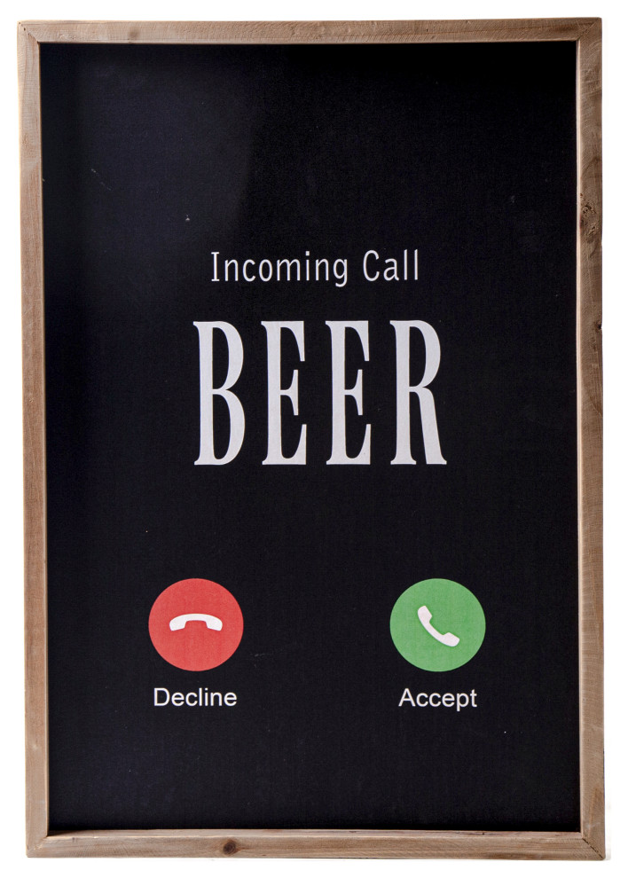 Rectangle Wood Wall Art with "Incoming Call BEER" Writing Painted Black ...