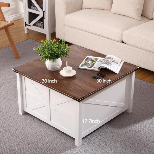 Farmhouse Coffee Table, Hinged Lift Up Top & Hidden Storage Compartment ...