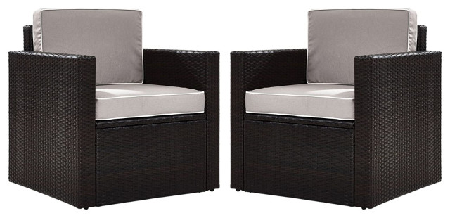 Set of 2 Patio Chair, Metal Frame With Brown Wicker Cover and Cushioned ...