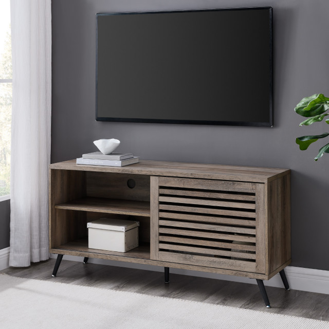 Modern Sliding Slat Door TV Stand for TVs up to 58", Gray Wash ...