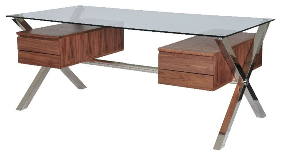 Pangea Home Beverly Large Modern Tempered Glass & Wood Veneer Desk in ...