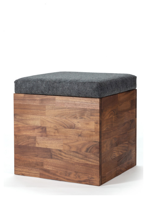 Zuma Wood Storage Ottoman Cube Stool, Solid Walnut, Gray Top Cushion ...