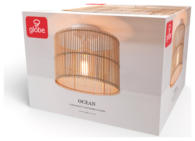 Ocean 1-Light Matte White Flush Mount Ceiling Light with Natural Bamboo Shade - Asian - Flush ...