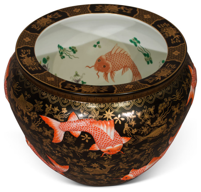 16 Inch Porcelain Koi Fish Motif Chinese Fishbowl Planter - Asian ...