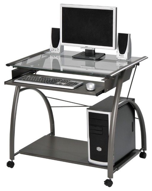 ACME Vincent Glass Top Computer Cart with Pull-out Keyboard in Pewter ...
