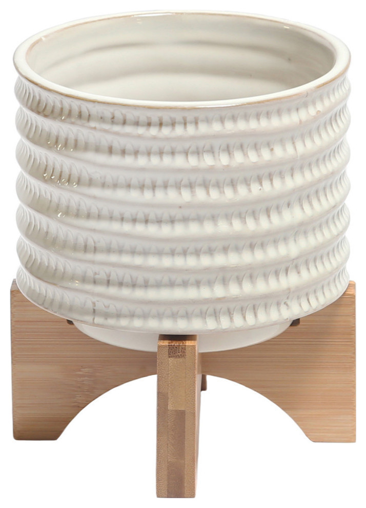 Ceramic 7" Flower Pot With Wooden Stand - Transitional - Outdoor Pots ...