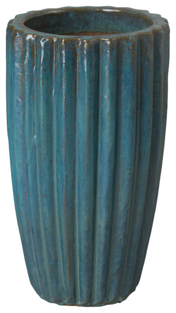 Tall Round Ridge Pot, Teal 12x21 - Contemporary - Outdoor Pots And ...