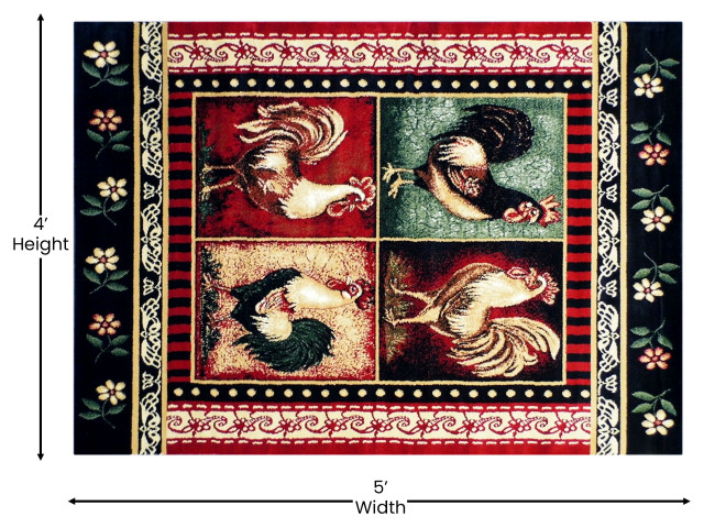 Angie Collection Rectangle 4' x 5' Red Rooster Themed Area Rug ...