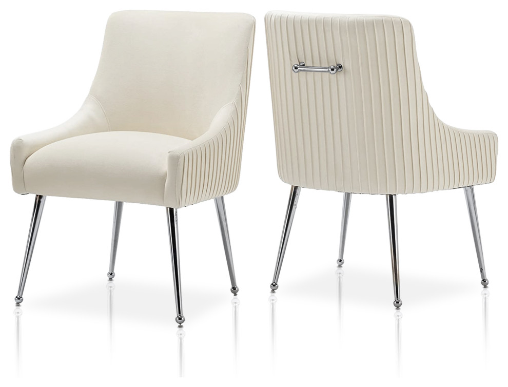 Pleated Velvet Dining Chair Set of 2, Tufted Accent Chair with Silver ...