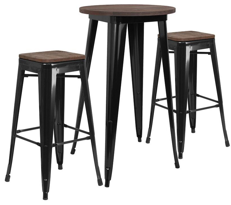 24 Round Black Metal Bar Table Set with Wood Top and 2 Backless Stools ...