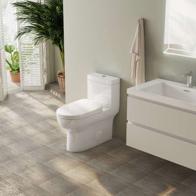 Sinber 28" One Piece Bathroom Toilet with Cotton White Finish and and ...