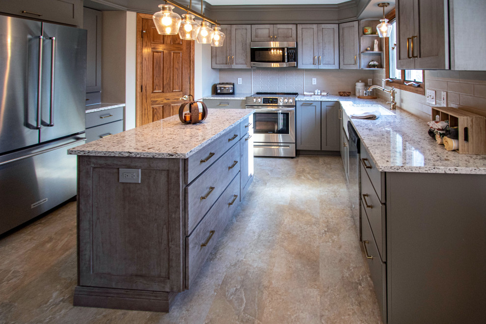 2 Tone Gray Kitchen with Quartz Countertop and Crackle Tile Backsplash ...