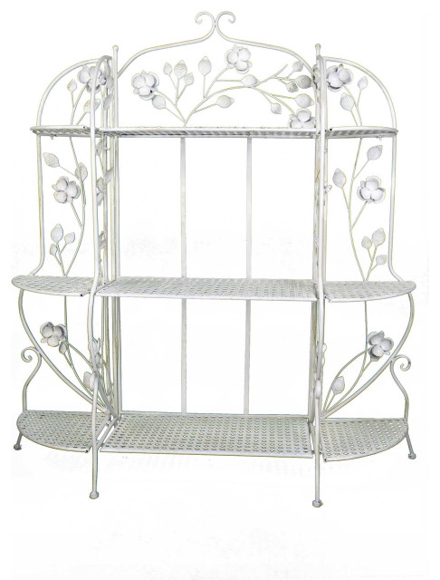 HomeRoots Antiqued White Floral 3 Shelf Bakers Rack - Traditional ...