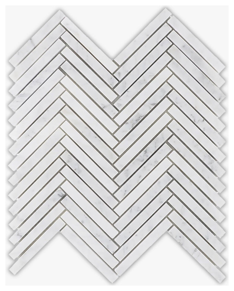 White Carrara Honed 5/8x6 Herringbone Marble Mosaic, 11 3/4x11 1/4 ...