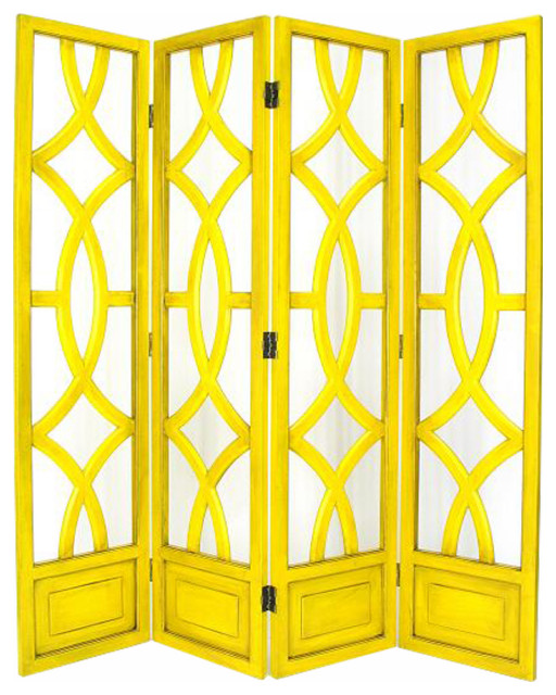 Wooden 4 Panel Room Divider with Open Geometric Design, Yellow ...