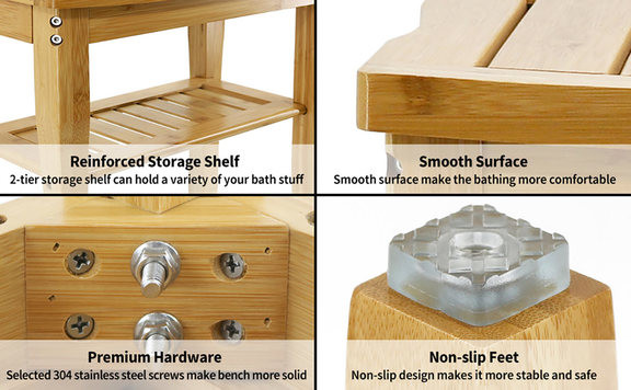 Bamboo Shower Bathroom Bench With Shelf 18" - Modern - Shower Benches ...