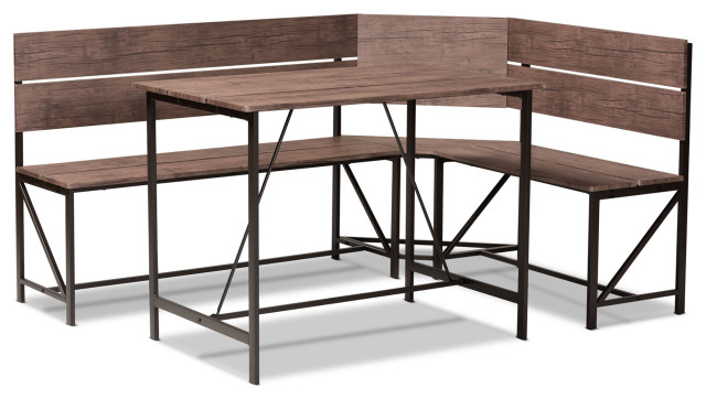 Baxton Studio Marston Brown Wood and Black Metal 2-Piece Dining Nook ...