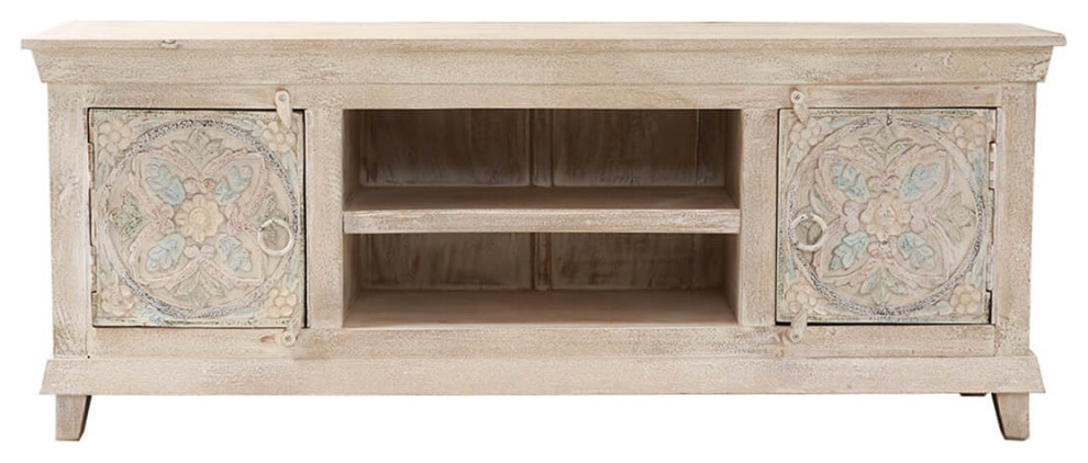 Queenstown Hand Carved Distressed Solid Wood 59" White TV Stand ...