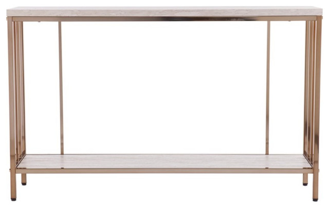 Maklaine Engineered Wood Faux Stone Top Console Table in Champagne and ...