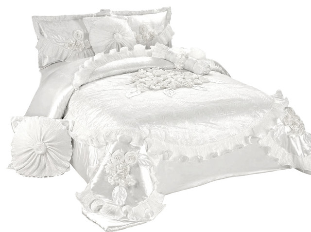 6-Piece White Sweet Victorian Satin Comforter Bedding Set, Queen ...