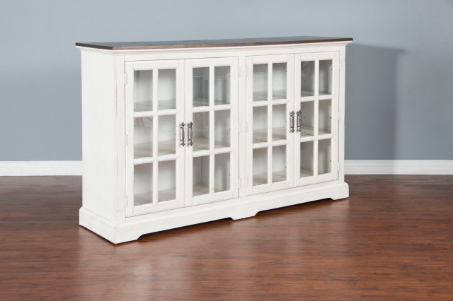 69" White Wood Buffet Server With Windowpane Glass Doors Curio Cabinet ...