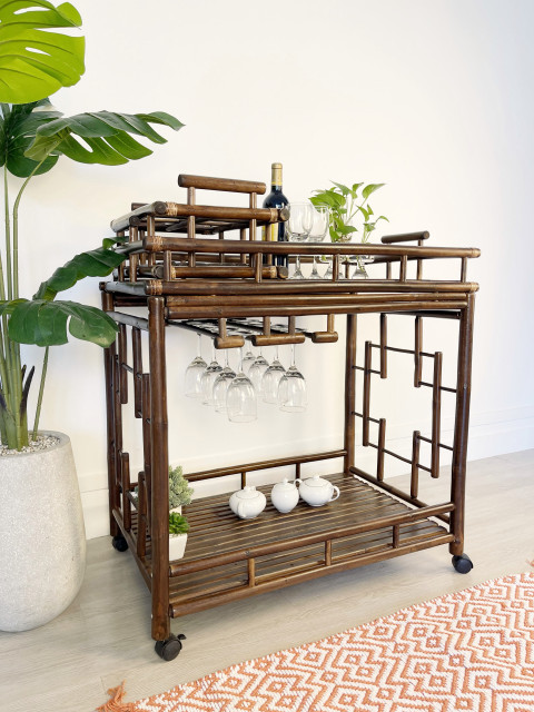 Bamboo Rolling Wine Buffet Bar Serving Cart with Casters - Espresso ...