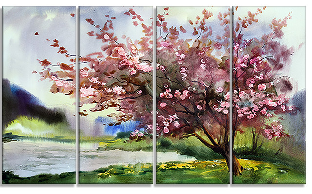 "Tree With Spring Flowers" Canvas Print, 48"x28" 4 Pieces ...