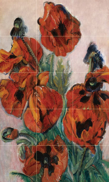 Tile Mural POPPIES red black green Kitchen Backsplash, 4.25" Ceramic ...