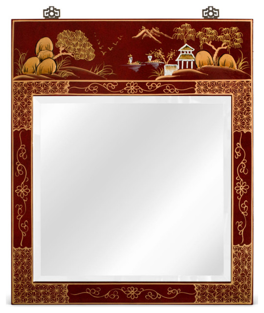 Red Lacquer Chinoiserie Scenery Motif Chinese Vertical Mirror - Asian ...