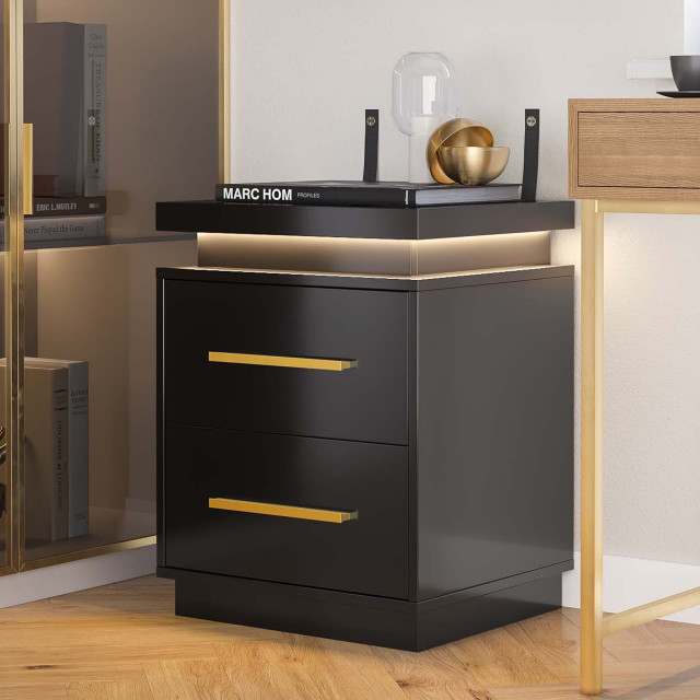 Set of 2 End Tables with RF Remote-Controlled LED Lights, Two Drawers ...