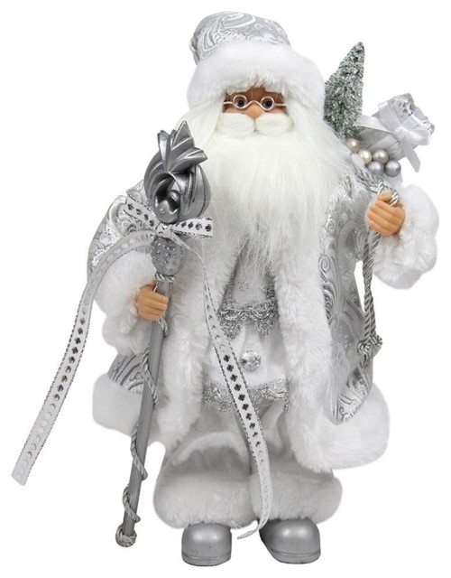 12" Elegant Standing Santa Claus Figure in Silver and White With Staff ...