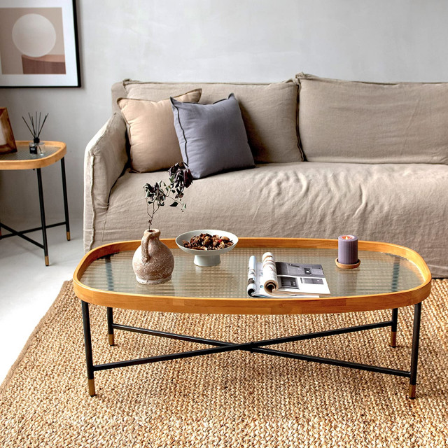 Tempered Architectural Glass Top Coffee Table, Rubberwood Tray and ...