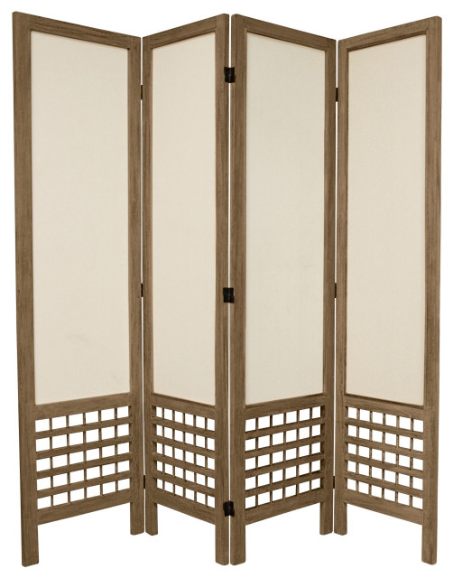 Traditional Room Divider, Wood Frame With Lattice Pattern & Fabric ...