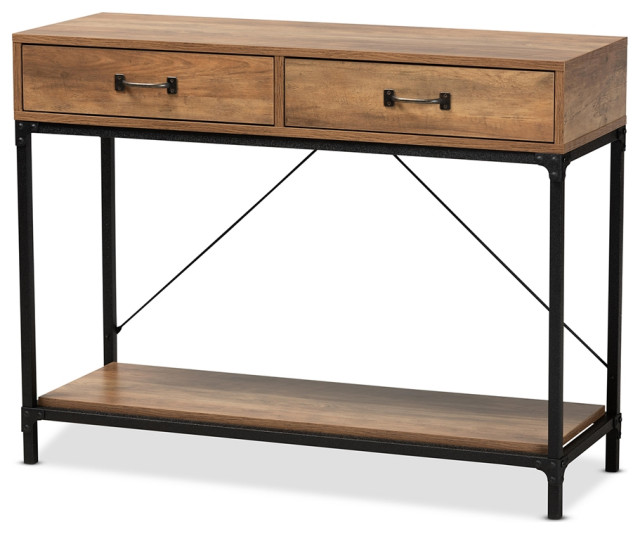 Modern Industrial Walnut Brown Finished Wood Black Metal 2-Drawer ...