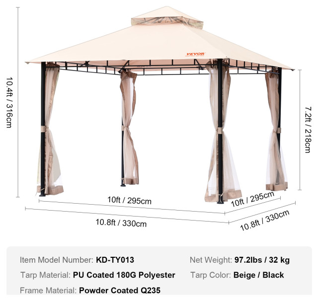 VEVOR Patio Gazebo Backyard Gazebo Tent 10x10' for 6-8 Person With Mesh ...