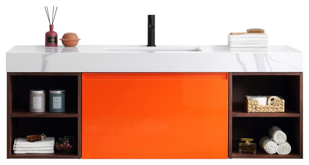 Manarola Red Amber with Thick Quartz Wall Mount Vanity, Open Shelf, 60 ...