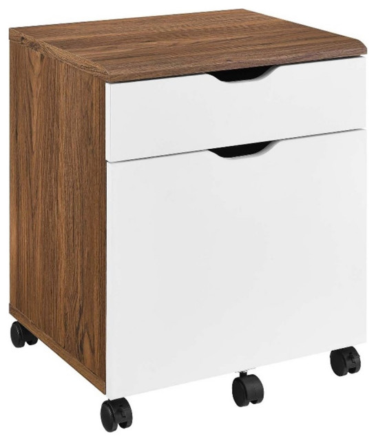 Pemberly Row Wood File Cabinet with Plastic Casters in Walnut/White ...